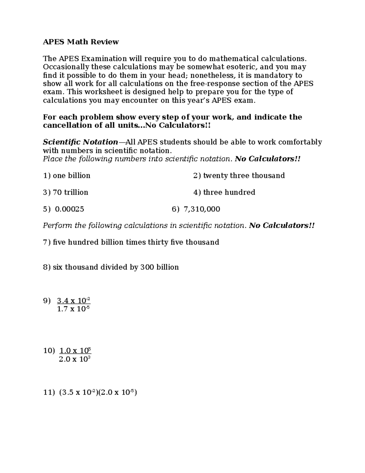 APES Math Energy Problems APES Math Review The APES Examination Will