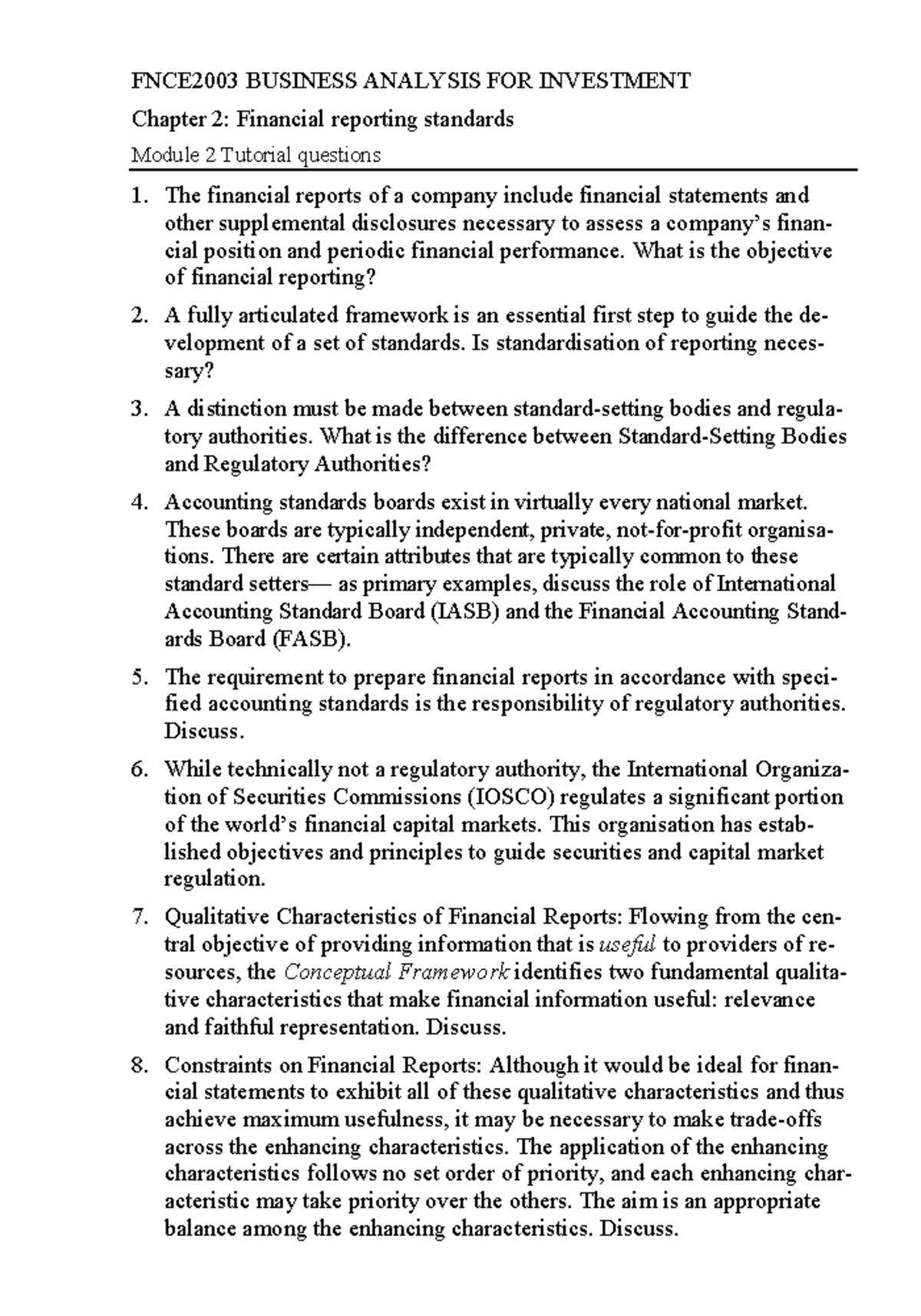 M02 - Tutorial Questions - FNCE2003 BUSINESS ANALYSIS FOR INVESTMENT ...