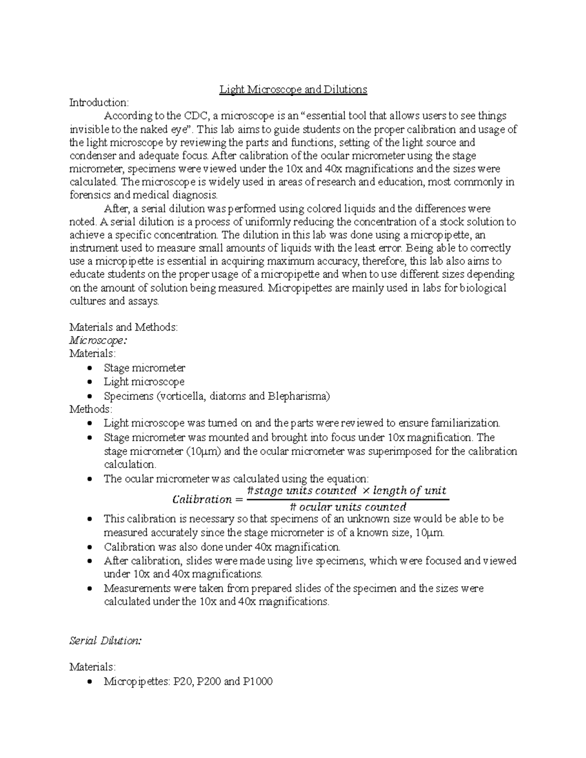 Biol 303 - Lab Report 1 - Light Microscope and Dilutions - Light ...