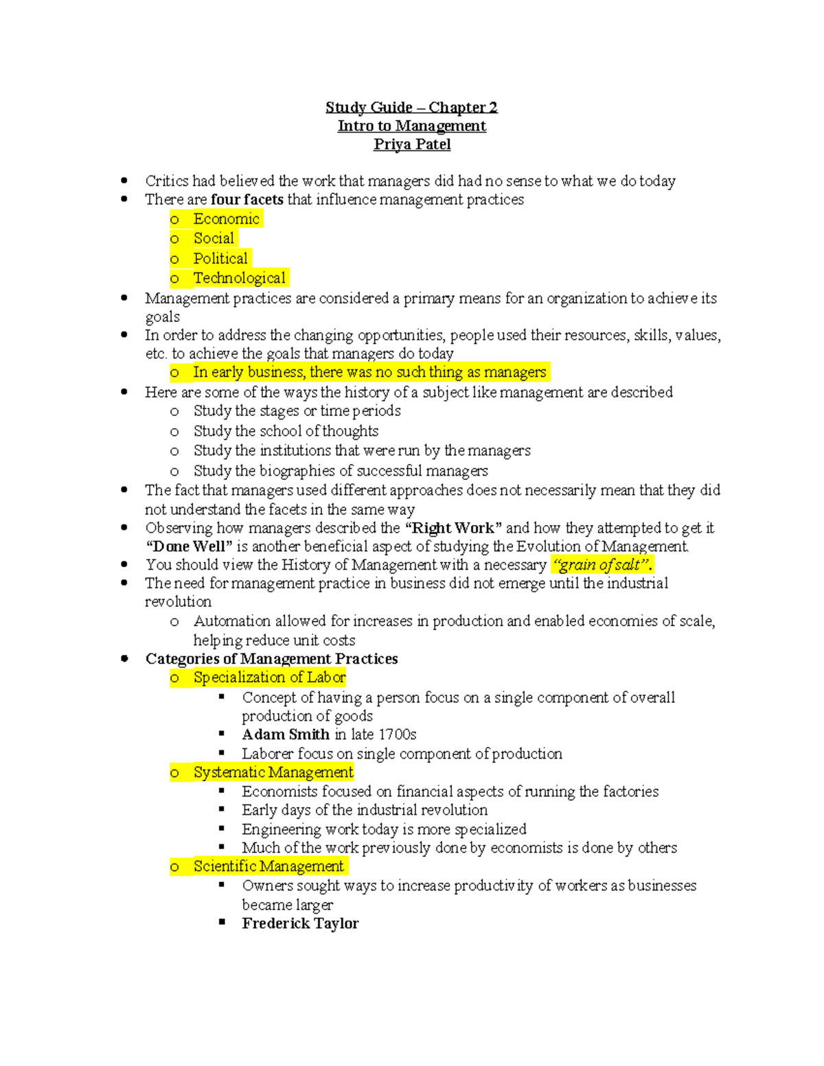 Study Guide - Chapter 2 - Study Guide – Chapter 2 Intro to Management ...