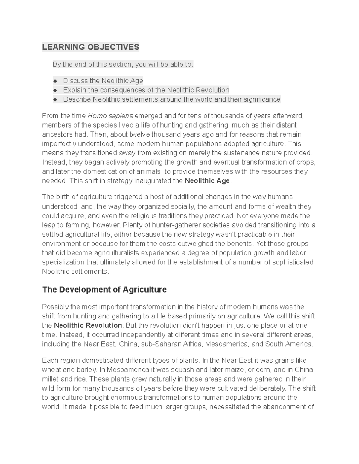 The neolithic revolution - LEARNING OBJECTIVES By the end of this ...
