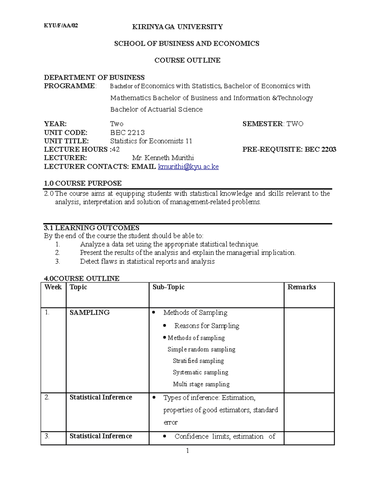 StatiSics for Economists 11-BEC 2203 Course Outline - KYU/F/AA/02 ...