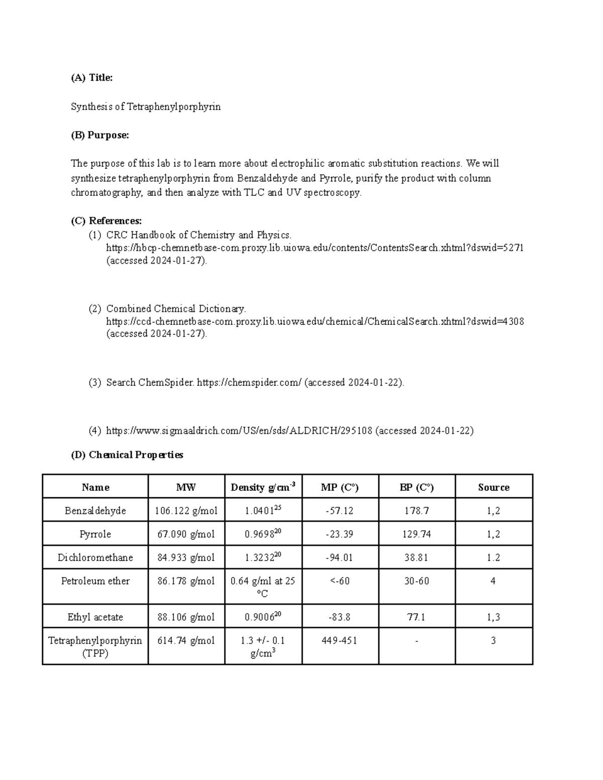 TPP Synthesis Pre lab - (A) Title: Synthesis of Tetraphenylporphyrin (B ...