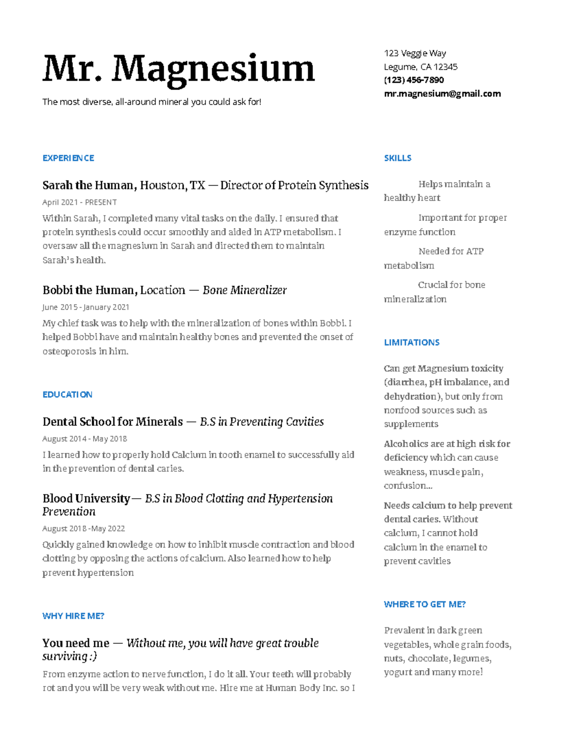 Magnesium Resume - Mr. Magnesium The most diverse, all-around mineral ...