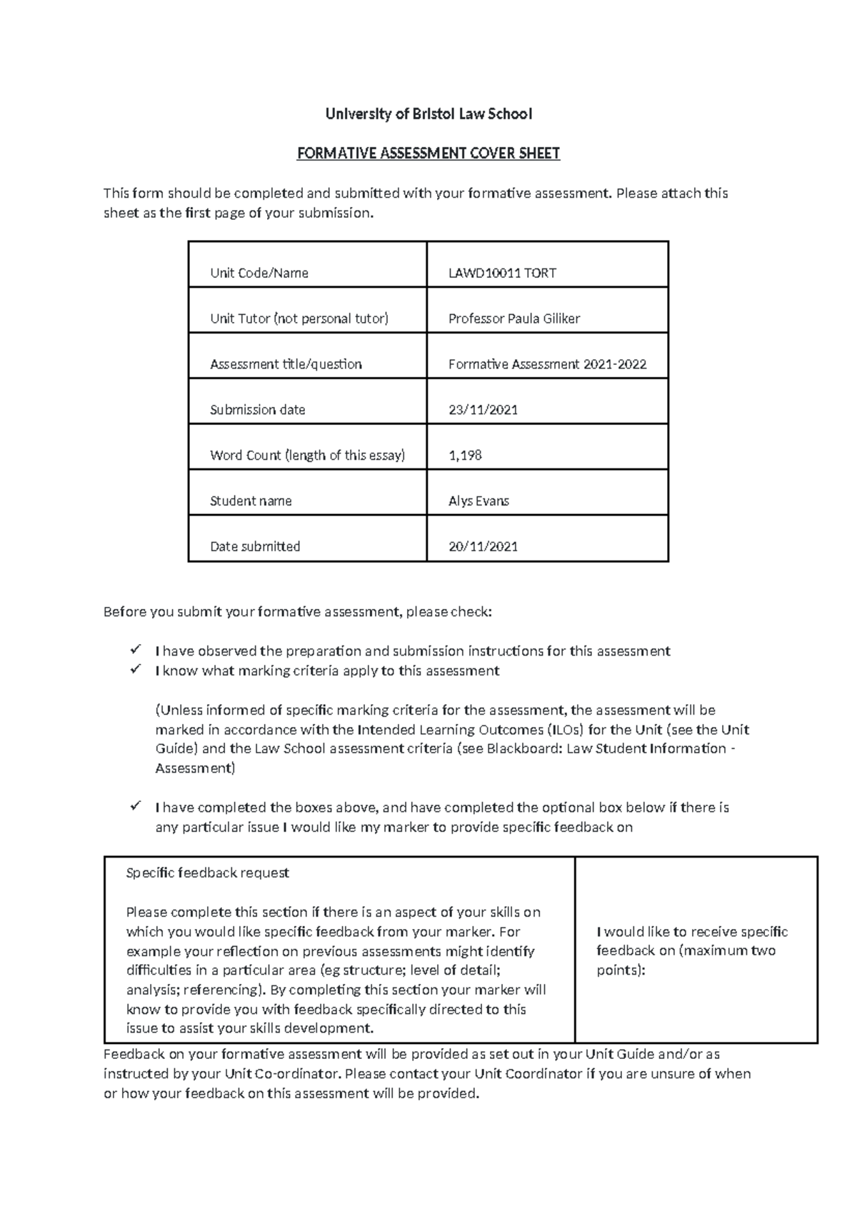 Tort Law Formative Assessment - University of Bristol Law School ...