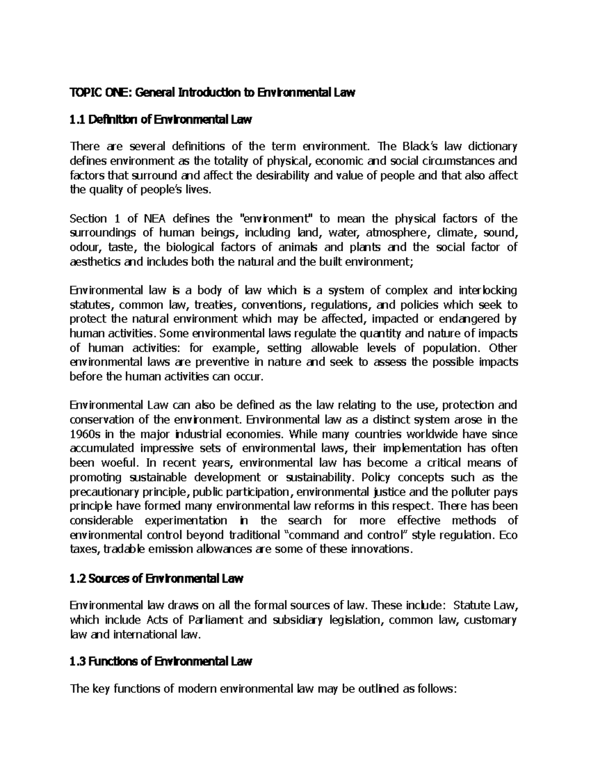 Lectture 1 ENV LAW, 2023 - TOPIC ONE: General Introduction to ...