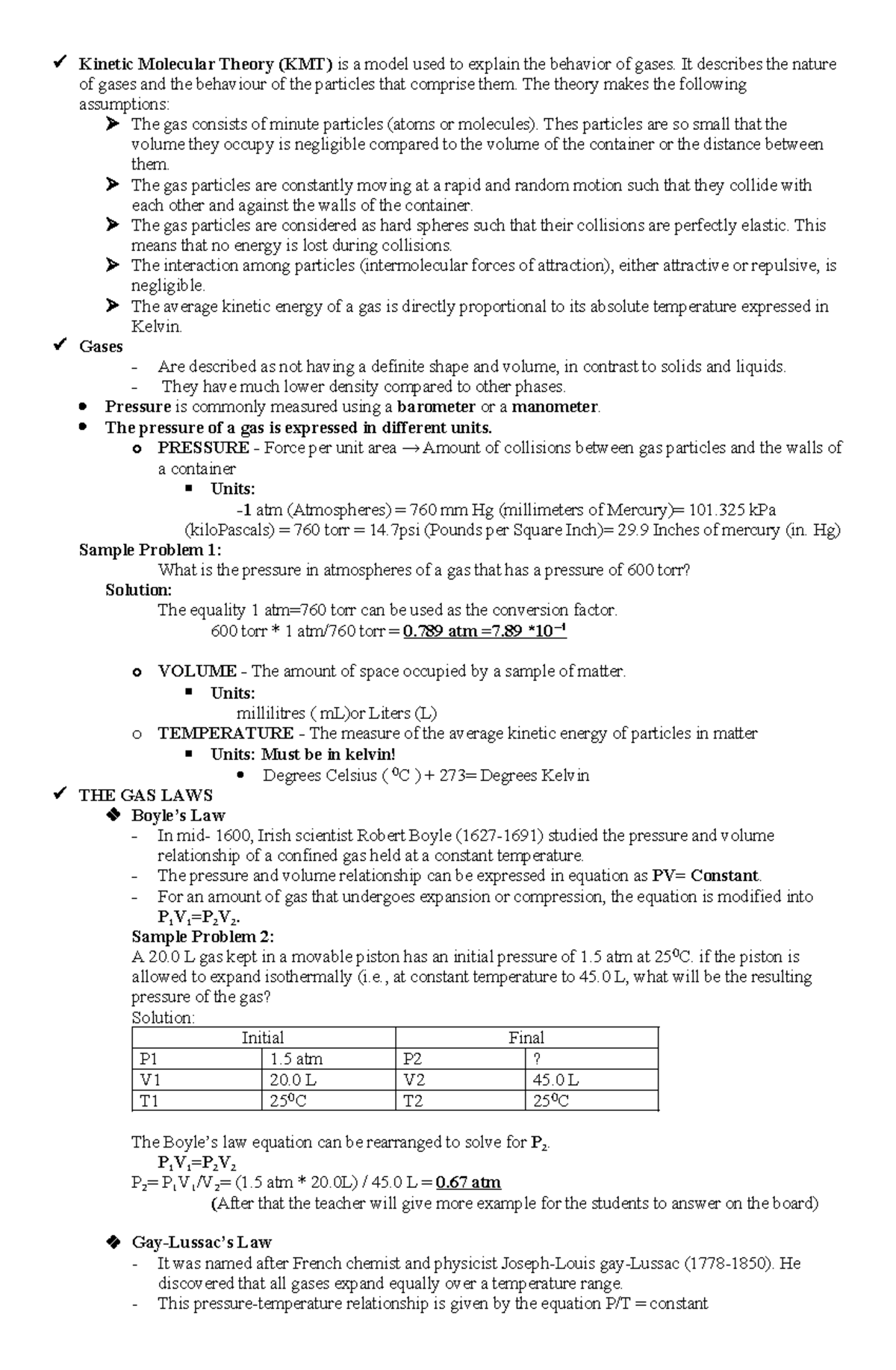 Gas-Laws-Outline - notes - Kinetic Molecular Theory (KMT) is a model ...
