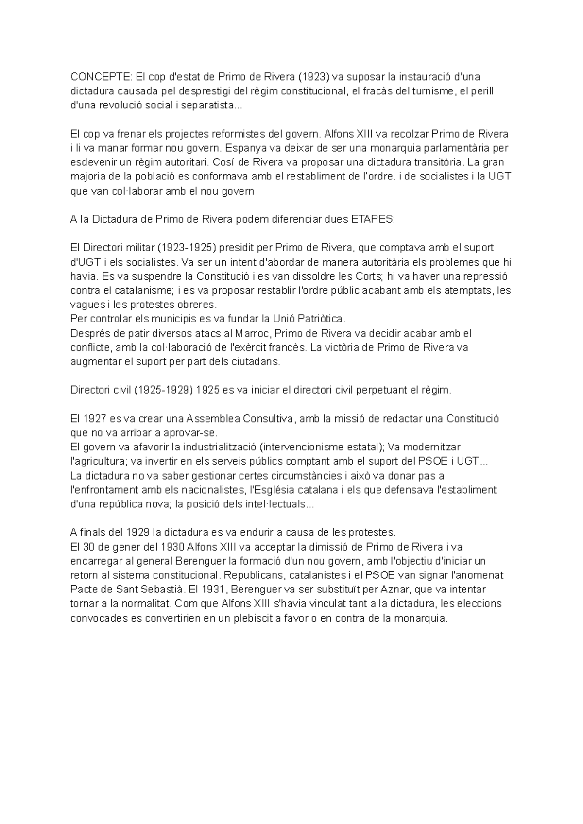 Historia espanta - CONCEPTE: El cop d'estat de Primo de Rivera (1923) va suposar la instauració ...
