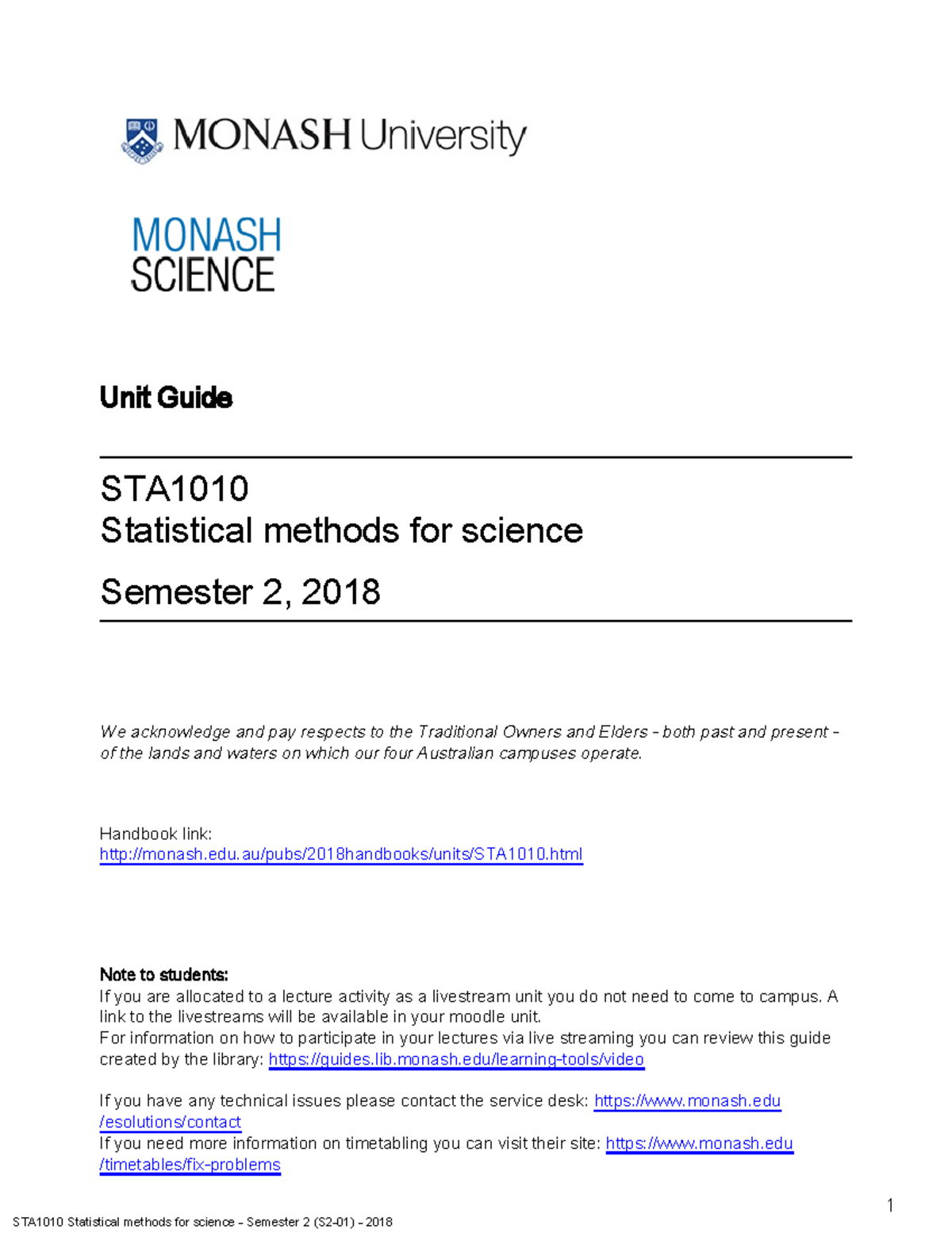 STA1010 Semester 2(S2-01) 2018 - Unit Guide STA1010 Statistical methods for science Semester ...