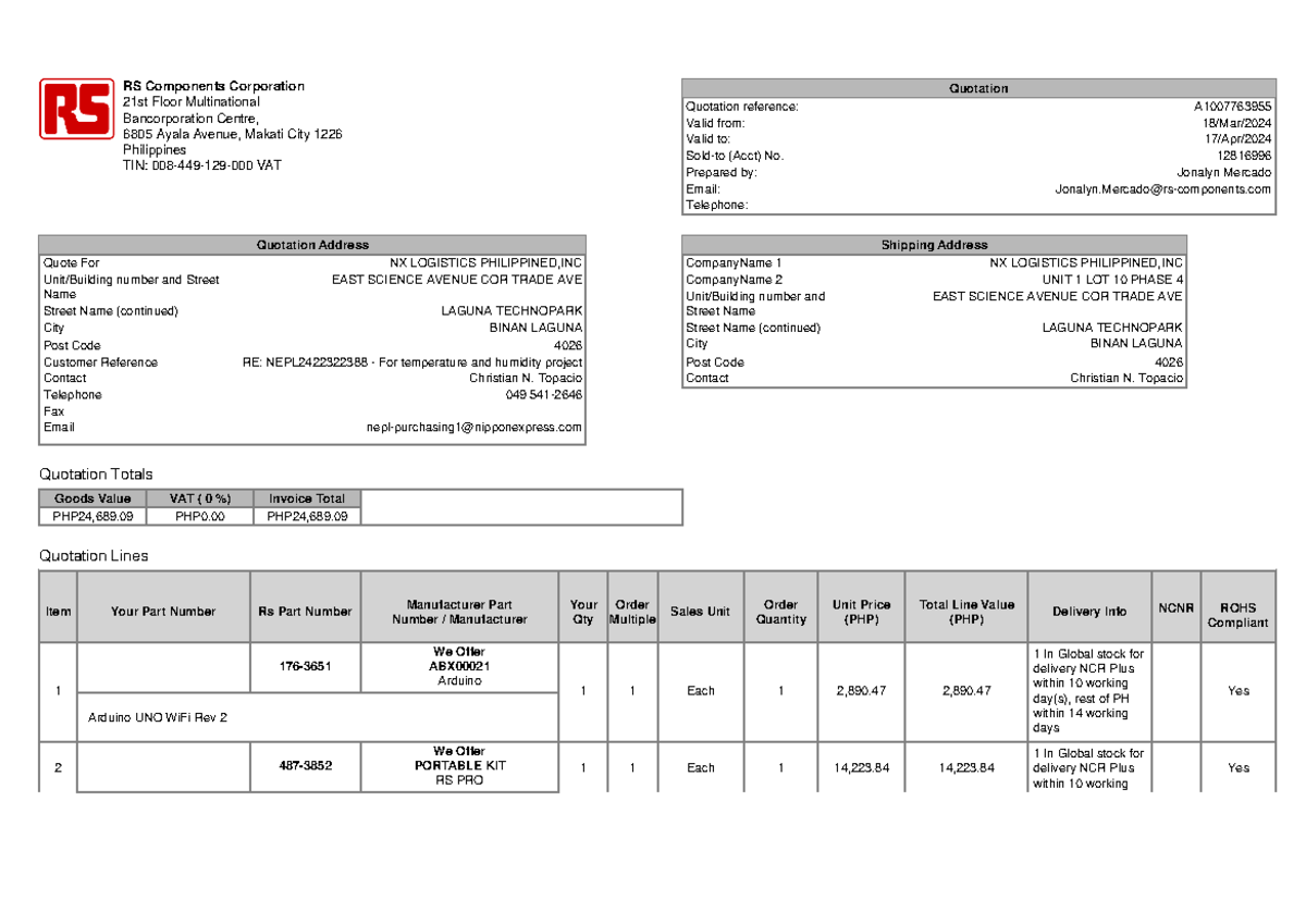 RS Quotation A1007763955 - RS Components Corporation 21st Floor ...