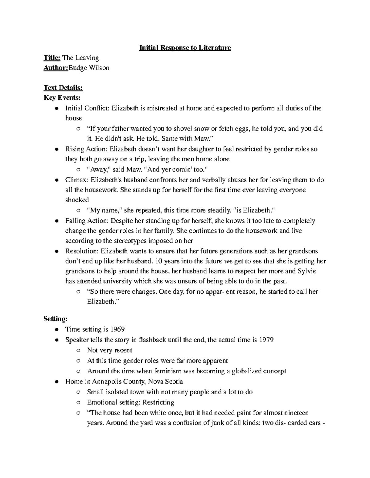 The Leaving - class notes - Initial Response to Literature Title: The ...