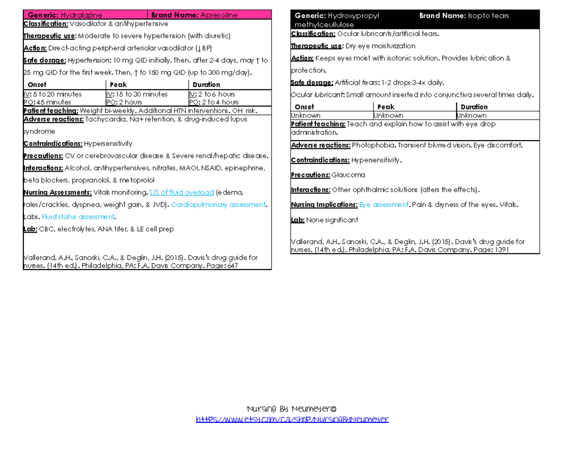 Med cards starting with H - Nursing By Neumeyer© Generic: Hydralazine ...