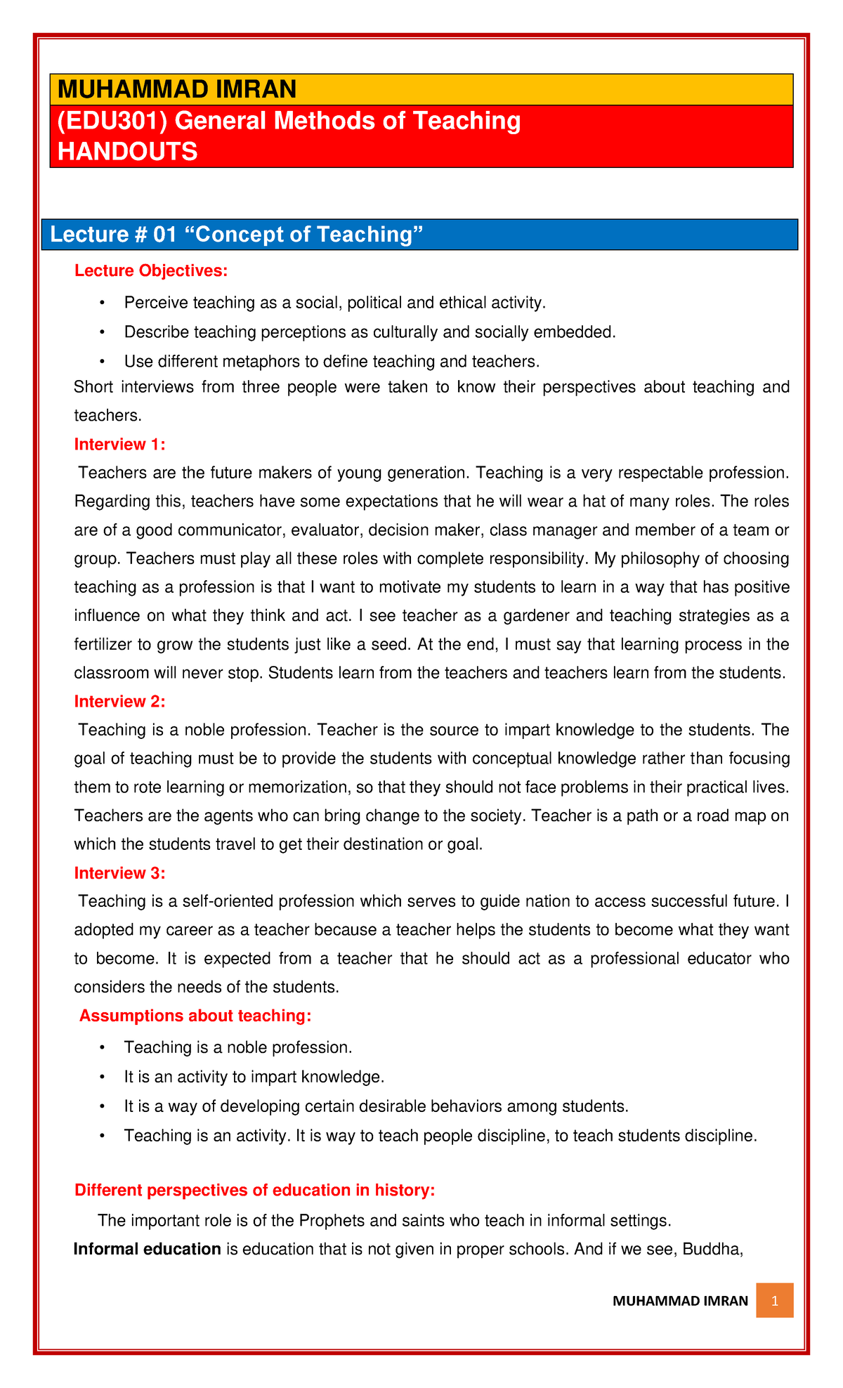 EDU301 ( Handouts) General Methods of Teaching - MUHAMMAD IMRAN (EDU301 ...
