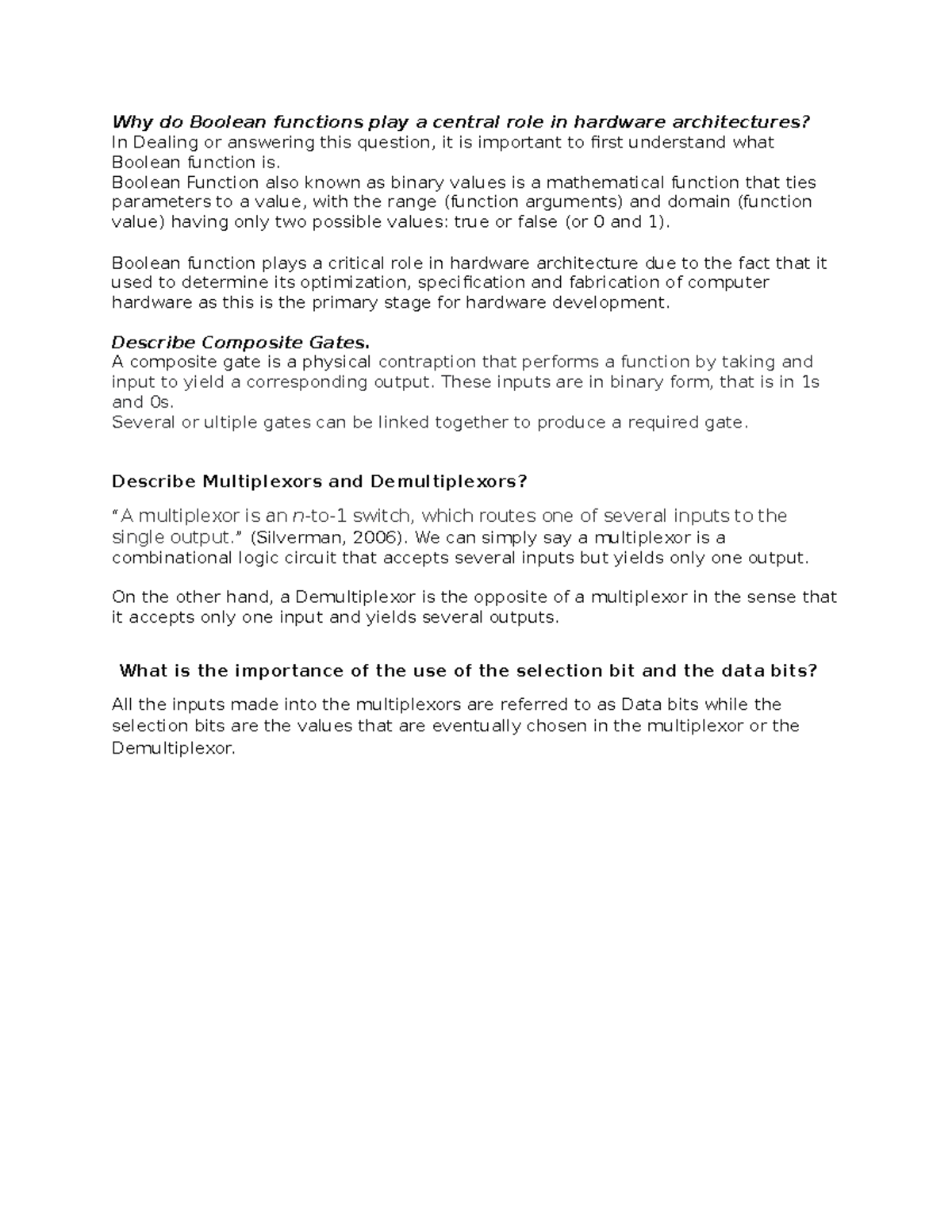 University of the people - Discussion Assignment CS 1104 - Unit 1 - Why do Boolean functions ...