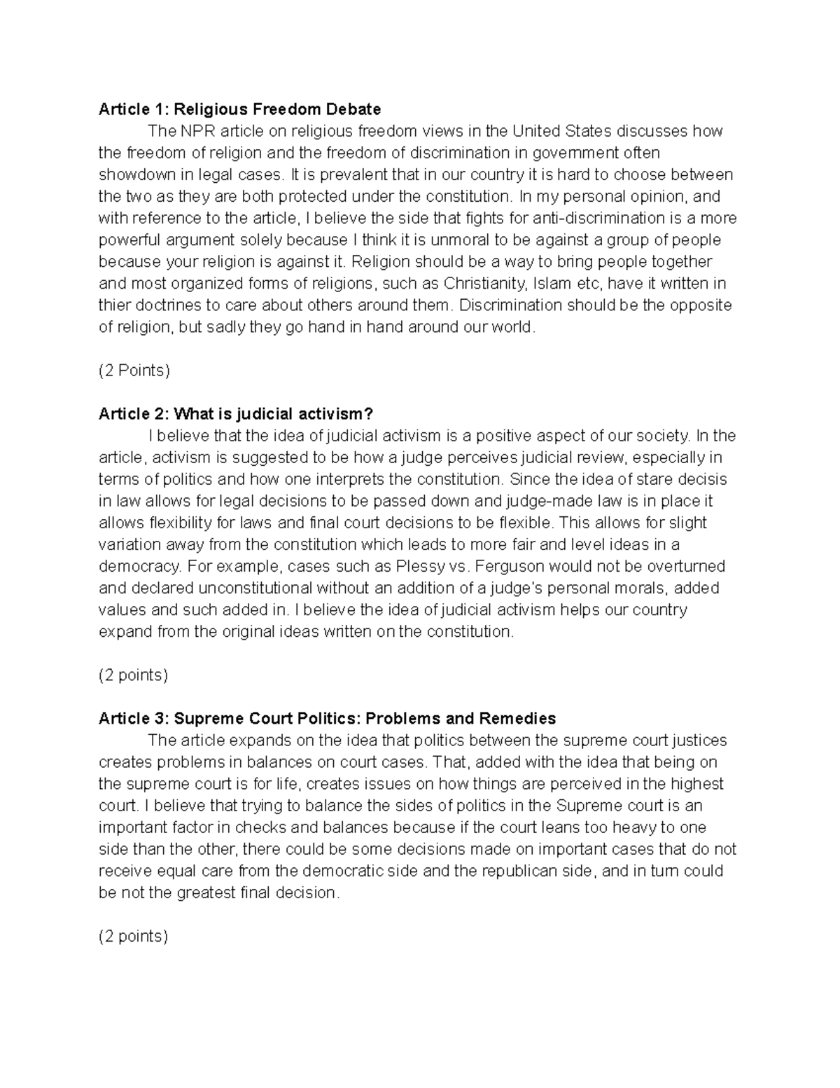 Religious Freedom Debate Judicial Activism Supreme Court Politics - Studocu