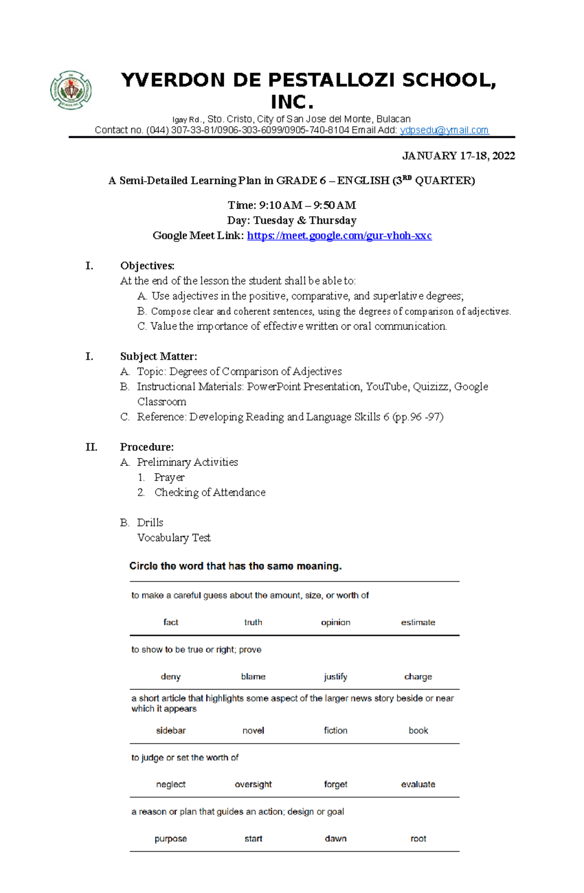 Learning PLAN English 6 - YVERDON DE PESTALLOZI SCHOOL, INC. Igay Rd ...