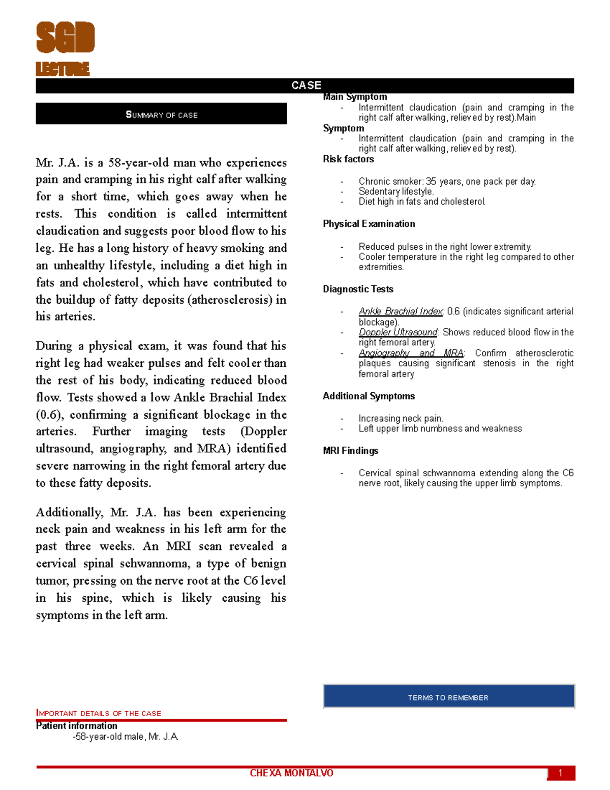 SGD Notes - SGD LECTURE CASE SUMMARY OF CASE Mr. J. is a 58-year-old ...