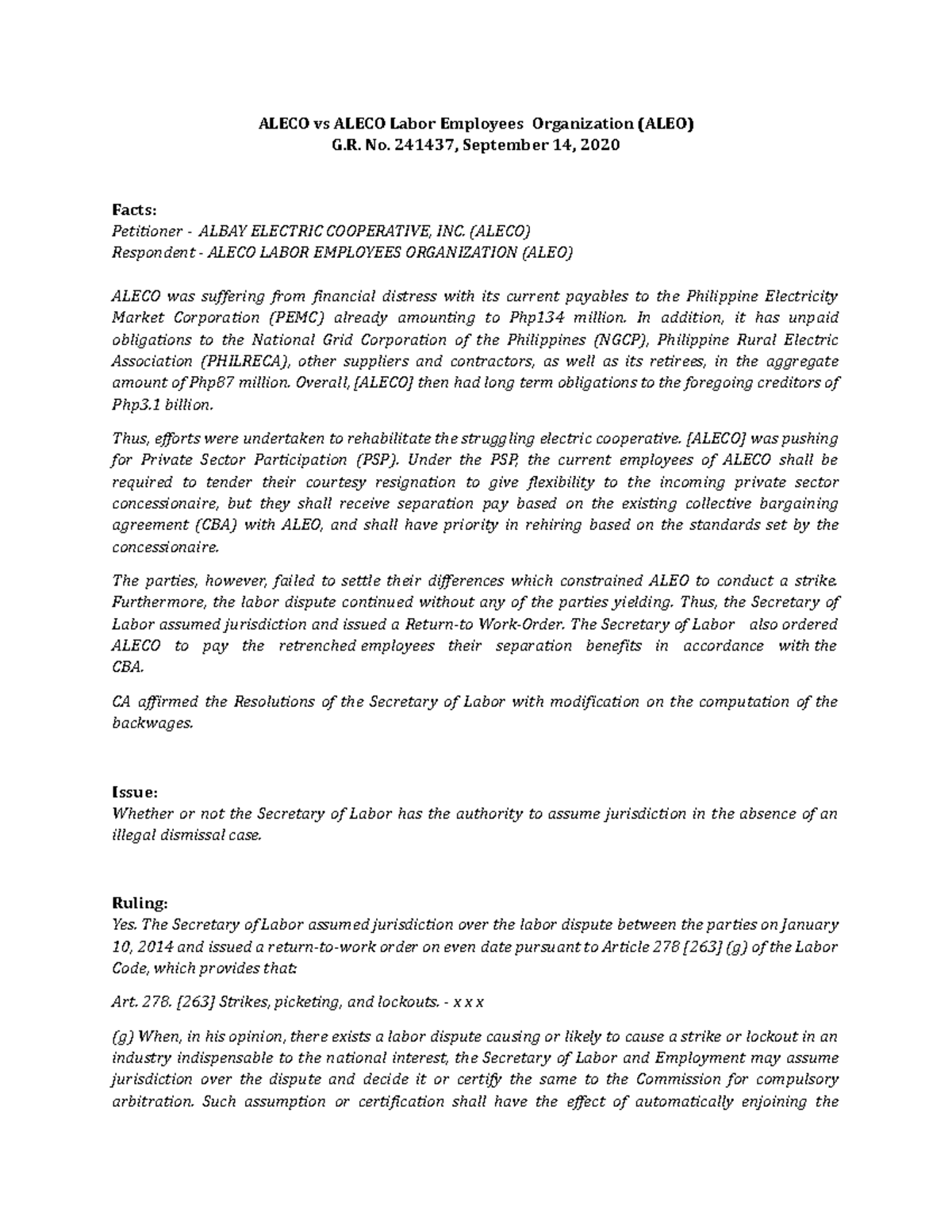 Aleco vs Aleco Labor Employees - ALECO vs ALECO Labor Employees ...