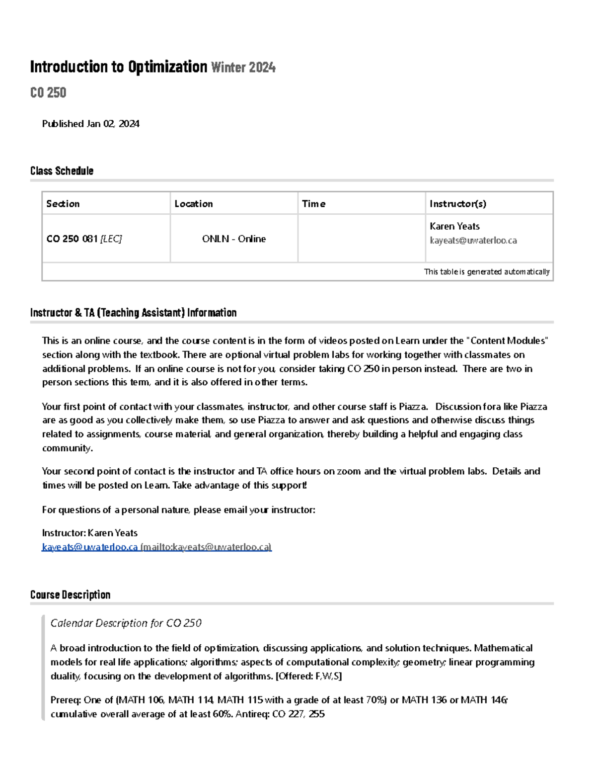 Course Outline - Introduction to Optimization - Introduction to ...
