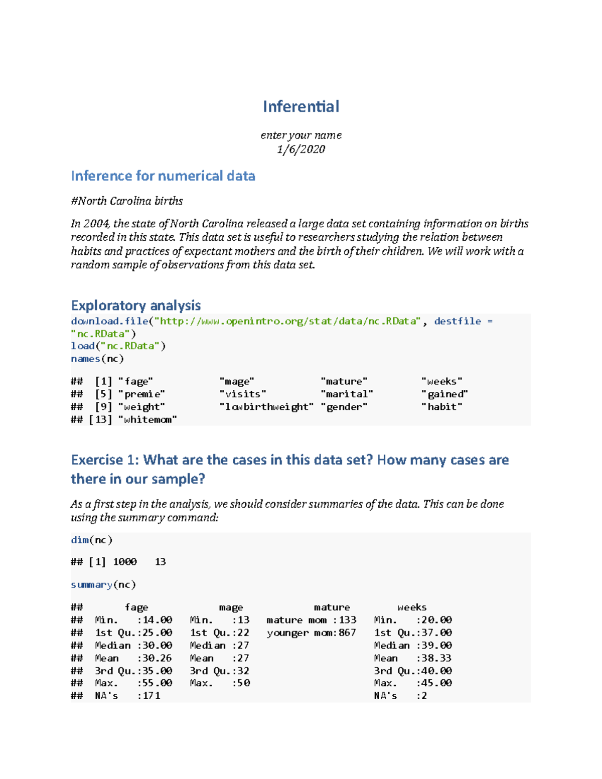 Inferential Analysis - Inferential enter your name 1/6/ Inference for ...