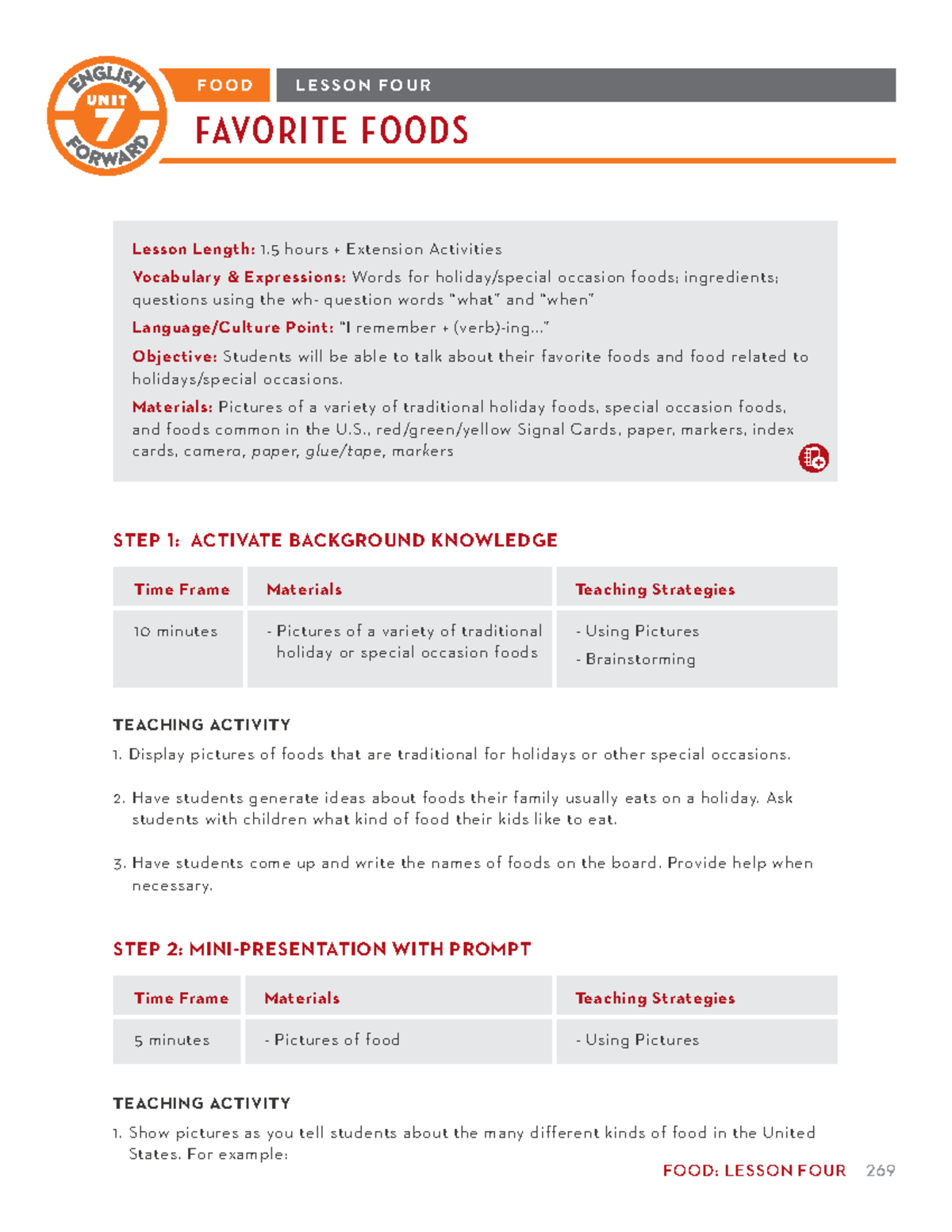 Lesson 7 - Notes - FAVO R I T E F O O D S Lesson Length: 1 hours ...