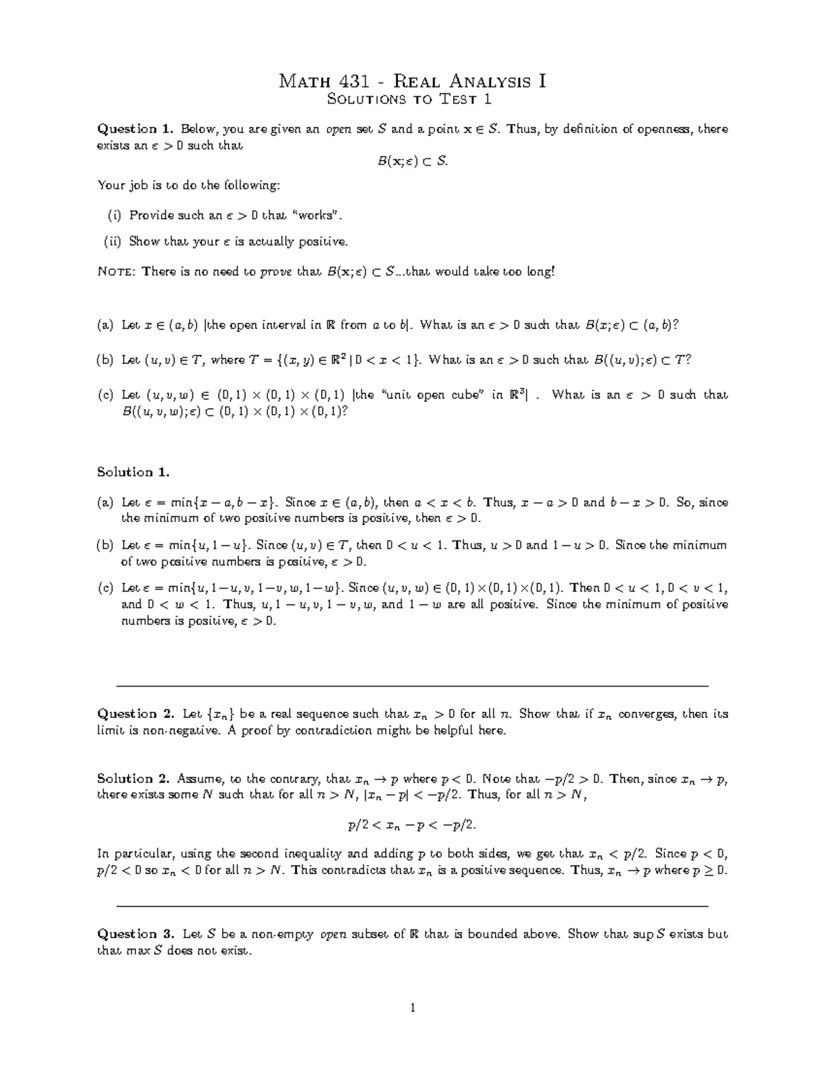 real analysis question and answers - Math 431 - Real Analysis I ...