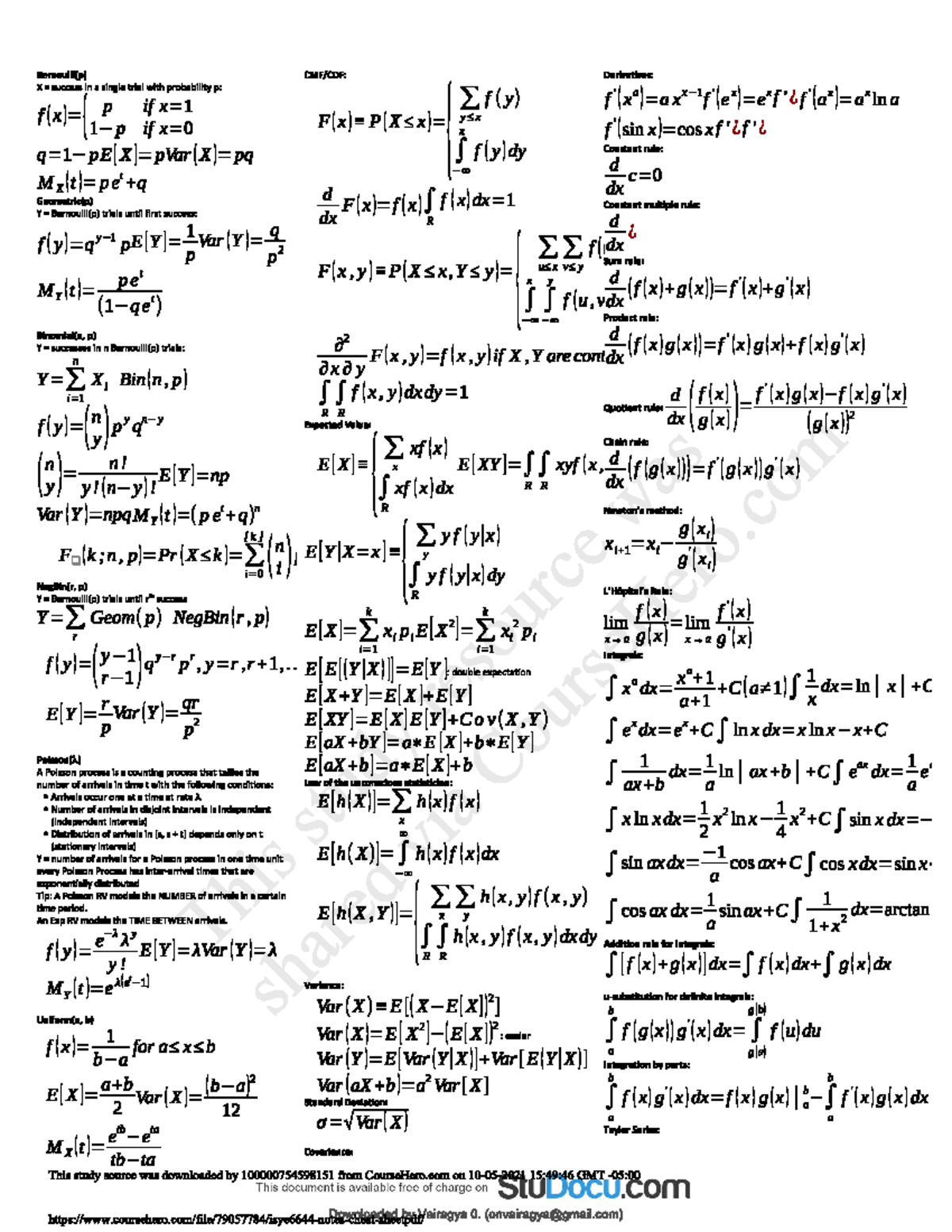 Cheat Sheet Midterm 1 - ISYE 6644 - Studocu