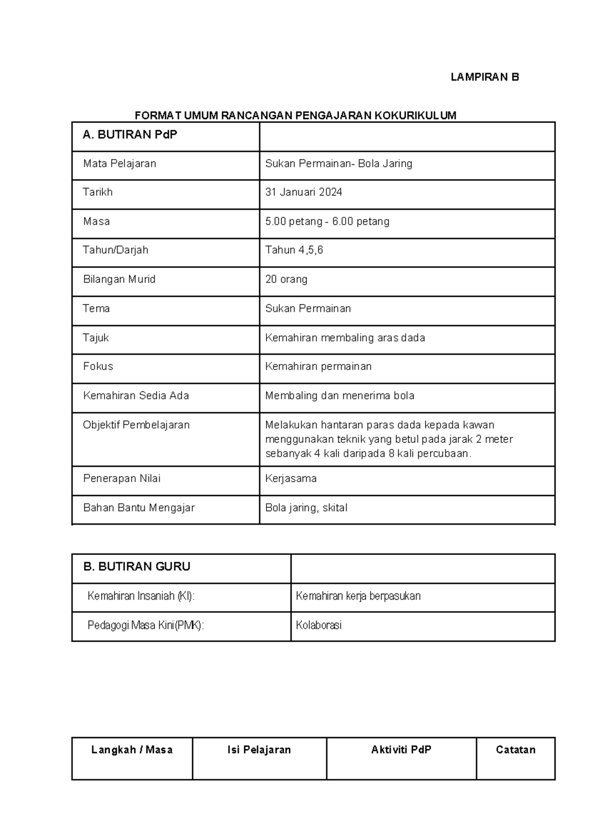 Contoh Format RPH Kokurikulum - LAMPIRAN B FORMAT UMUM RANCANGAN ...