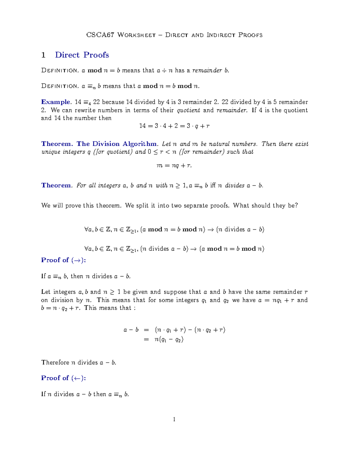 Proofs worksheet solutions - CSCA67 Worksheet – Direct and Indirect ...