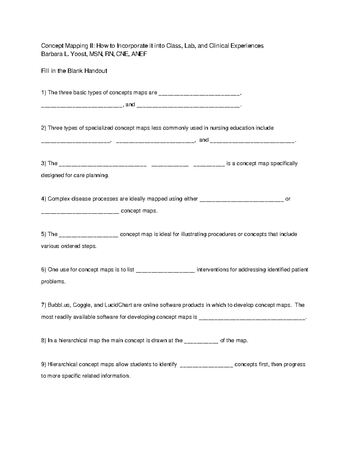 Concept Mapping II Fill in the Blank Handout - Concept Mapping II: How ...