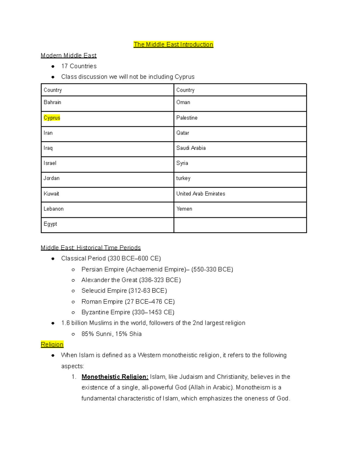 GMS 695 lecture notes - The Middle East Introduction Modern Middle East ...