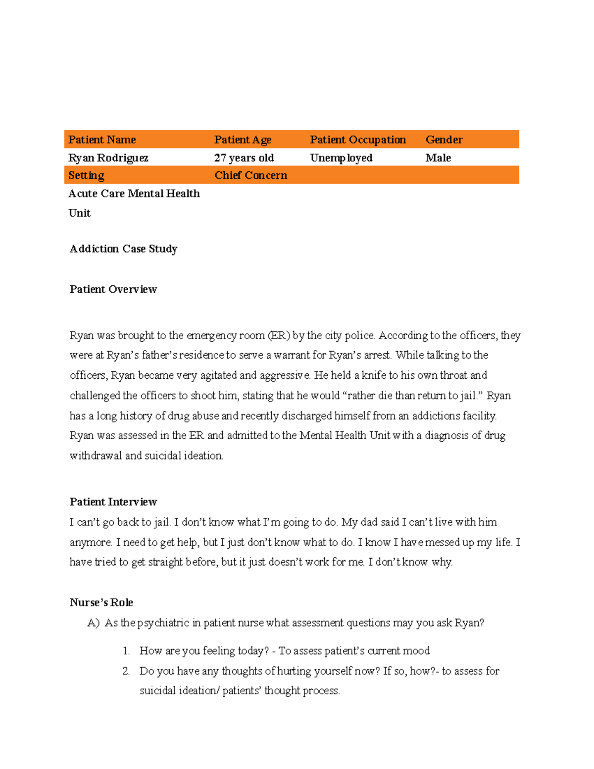 Ryan Case Study - Patient Name Patient Age Patient Occupation Gender ...