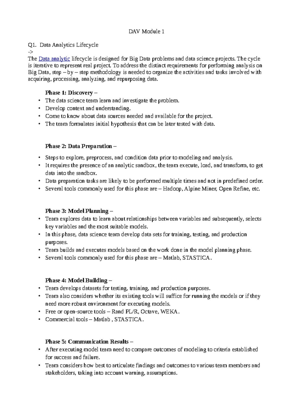 Module 1 - DAV Module 1 Q1. Data Analytics Lifecycle -> The Data ...