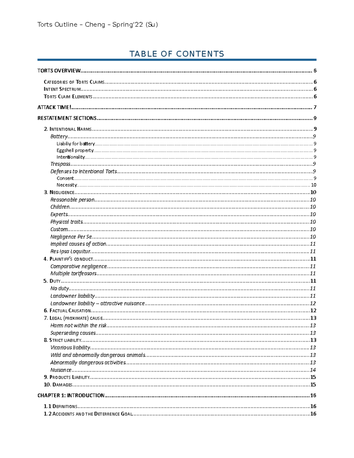 Outline Torts (Long) - Torts Outline – Cheng – Spring’22 (Su) TORTS ...