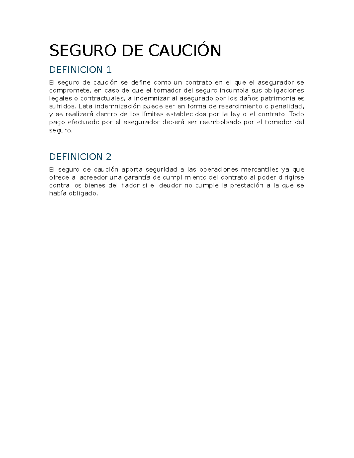 Definición del Seguro de Caución - SEGURO DE CAUCIÓN DEFINICION 1 El ...