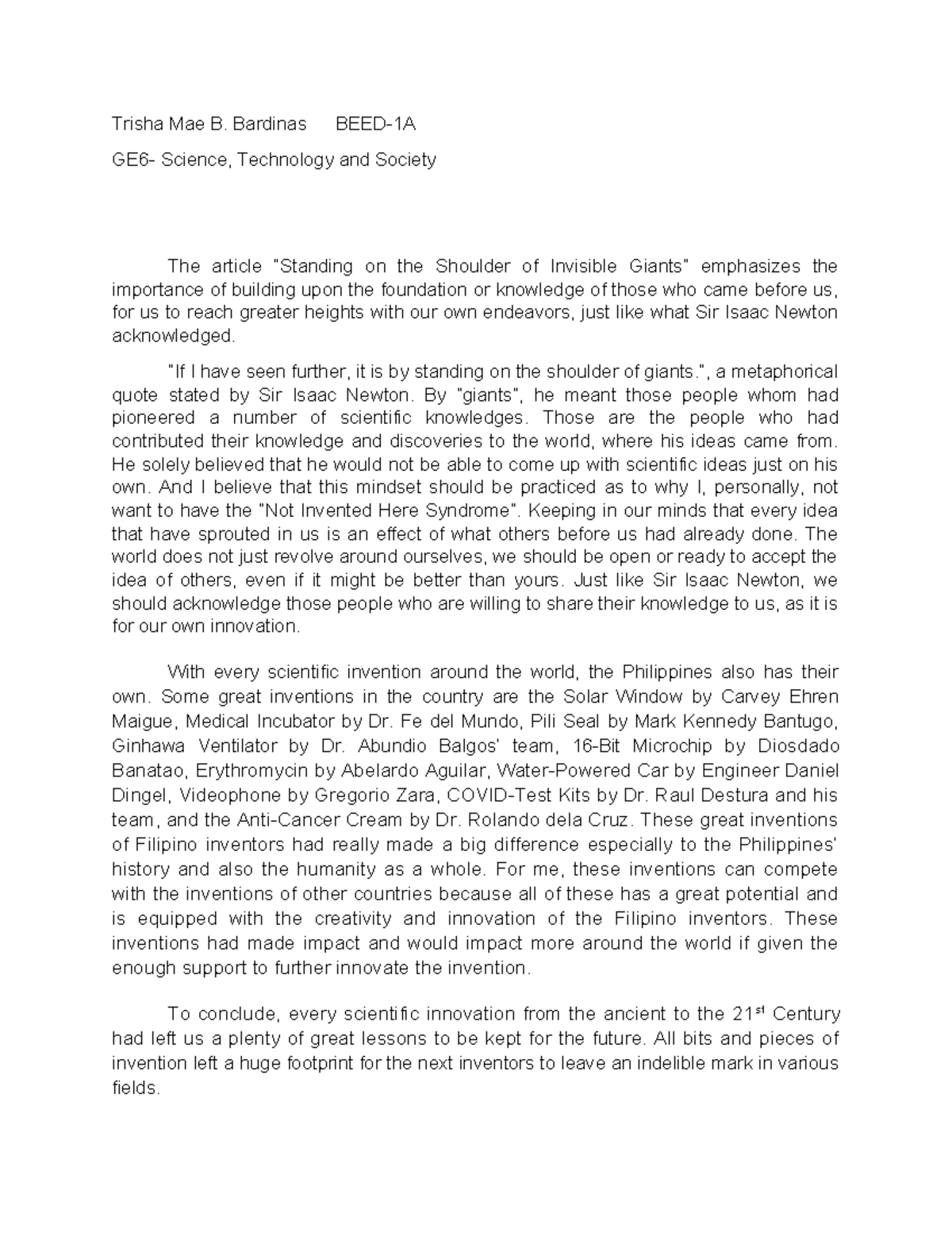 STS REflection - Trisha Mae B. Bardinas BEED-1A GE6- Science ...