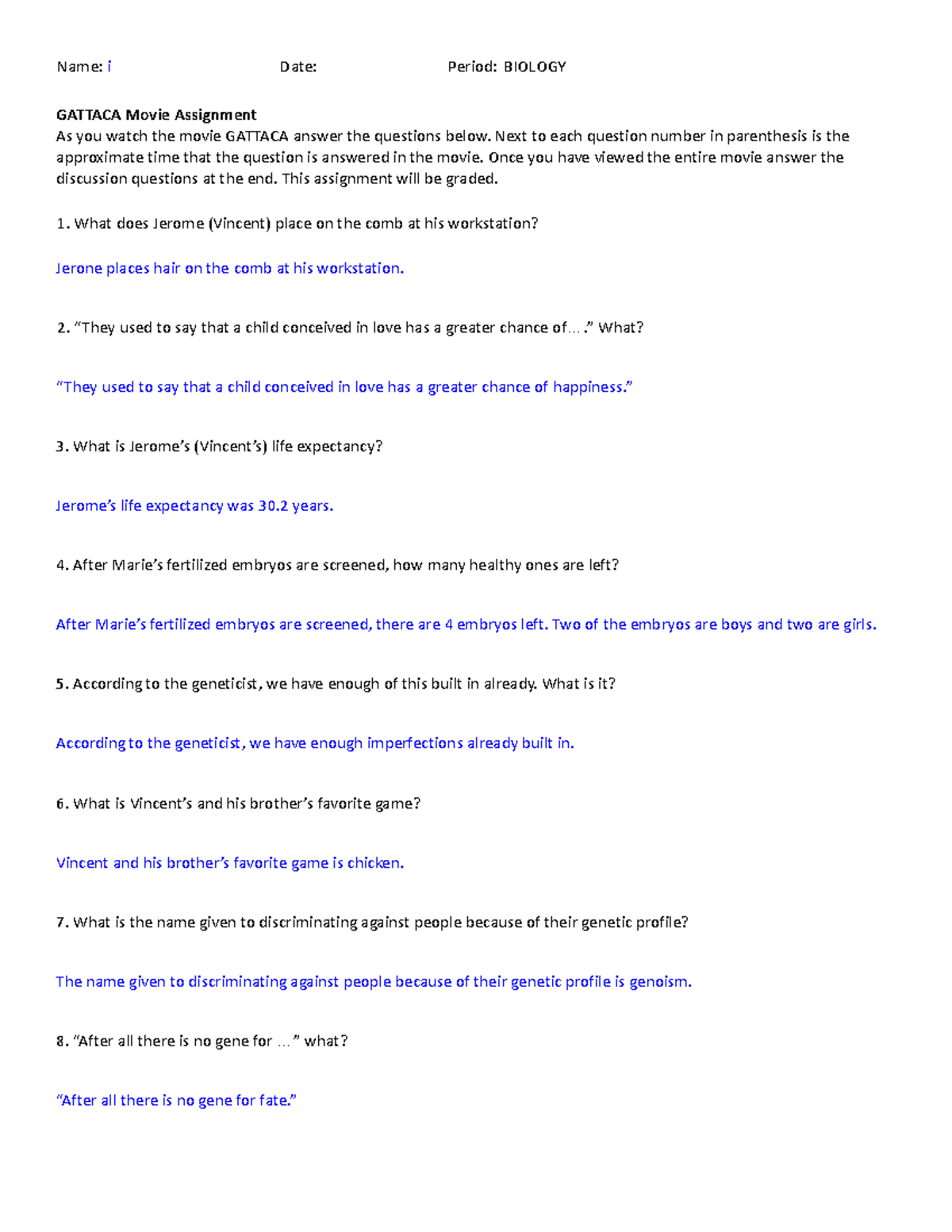Gattaca Movie Assignment - Name: i Date: Period: BIOLOGY GATTACA Movie ...