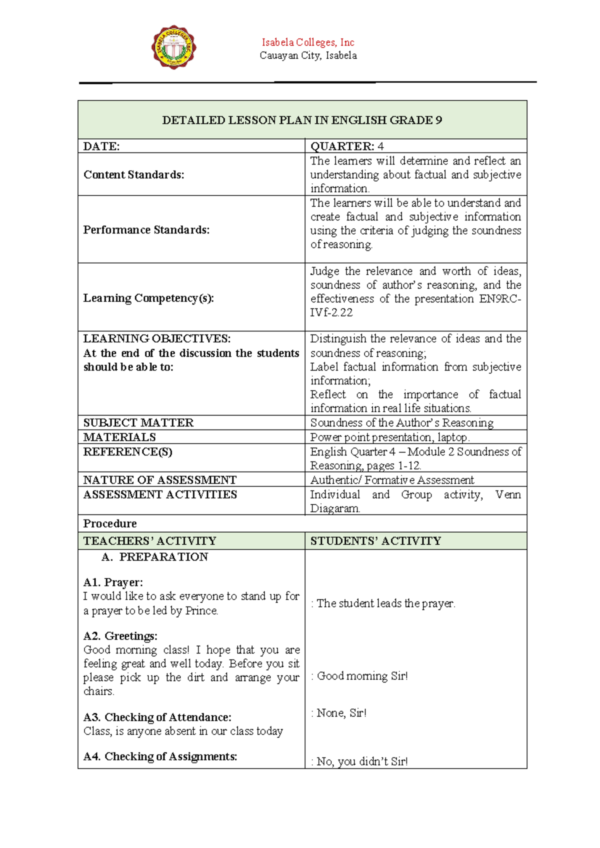 Detailed Lesson PLAN IN English Grade 9 - Cauayan City, Isabela ...