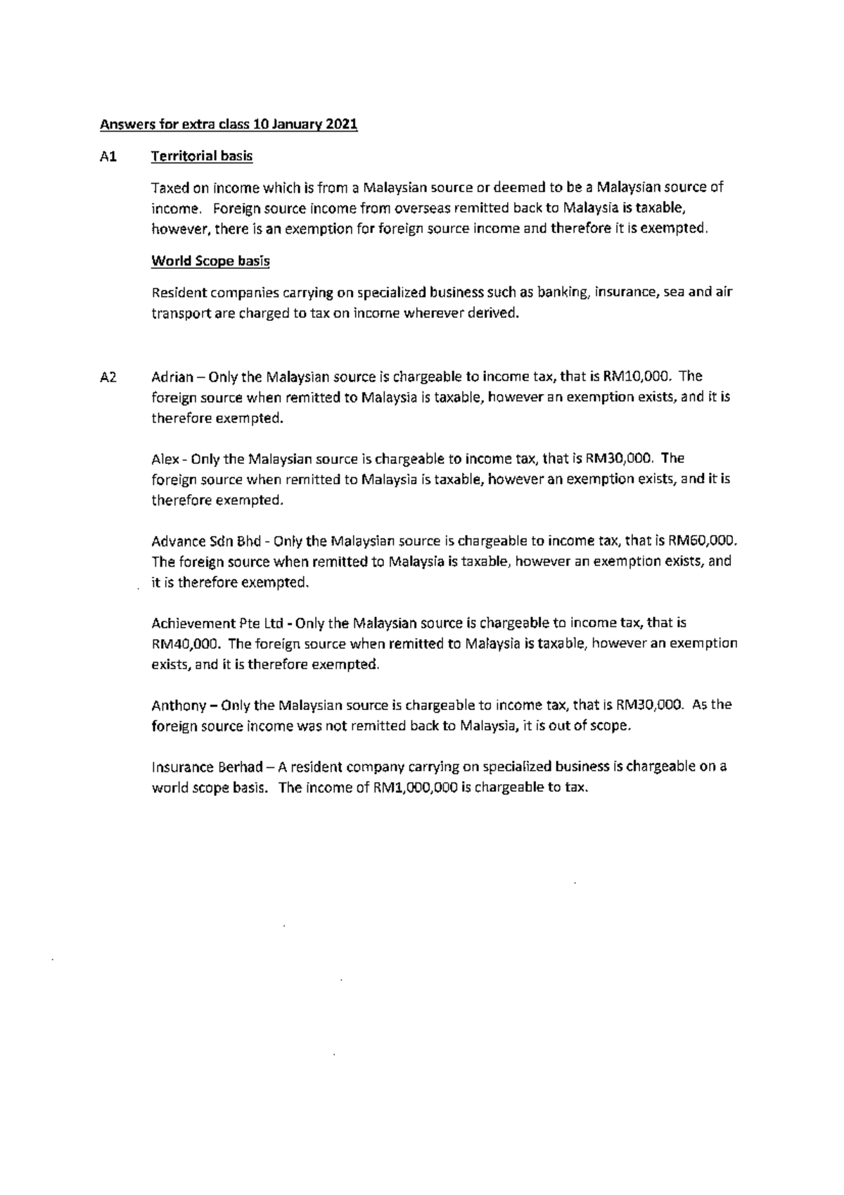 Answers for question 1 - Taxation - Studocu