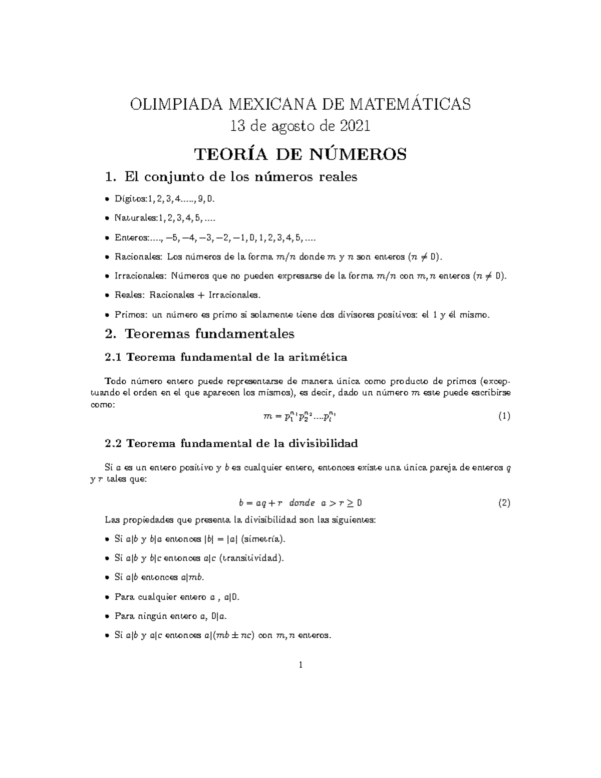 Teoría de Números - OLIMPIADA MEXICANA DE MATEM ́ATICAS 13 de agosto de 2021 TEOR ́IA DE N ...