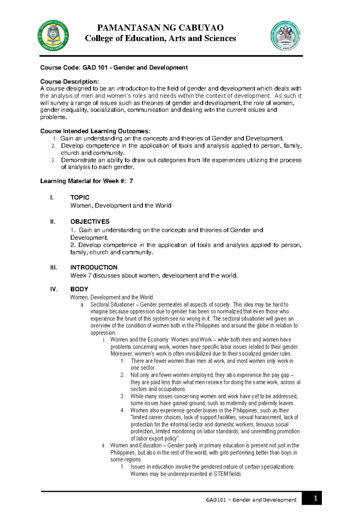 GAD101 Learnmat Weeks 7-12 - Student'S COPY - Course Code: GAD 101 ...