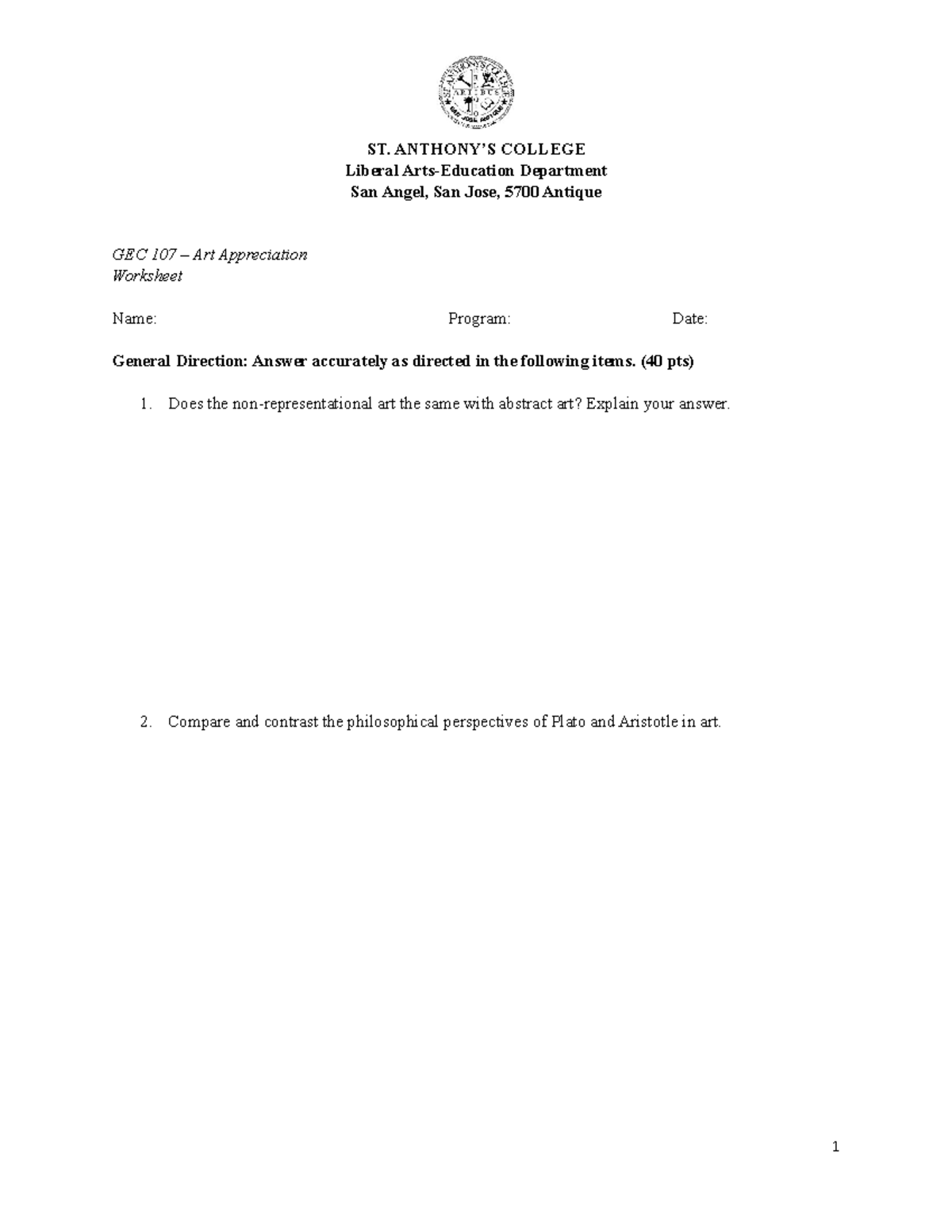 GEC 107 research worksheet 3 - ST. ANTHONY’S COLLEGE Liberal Arts ...