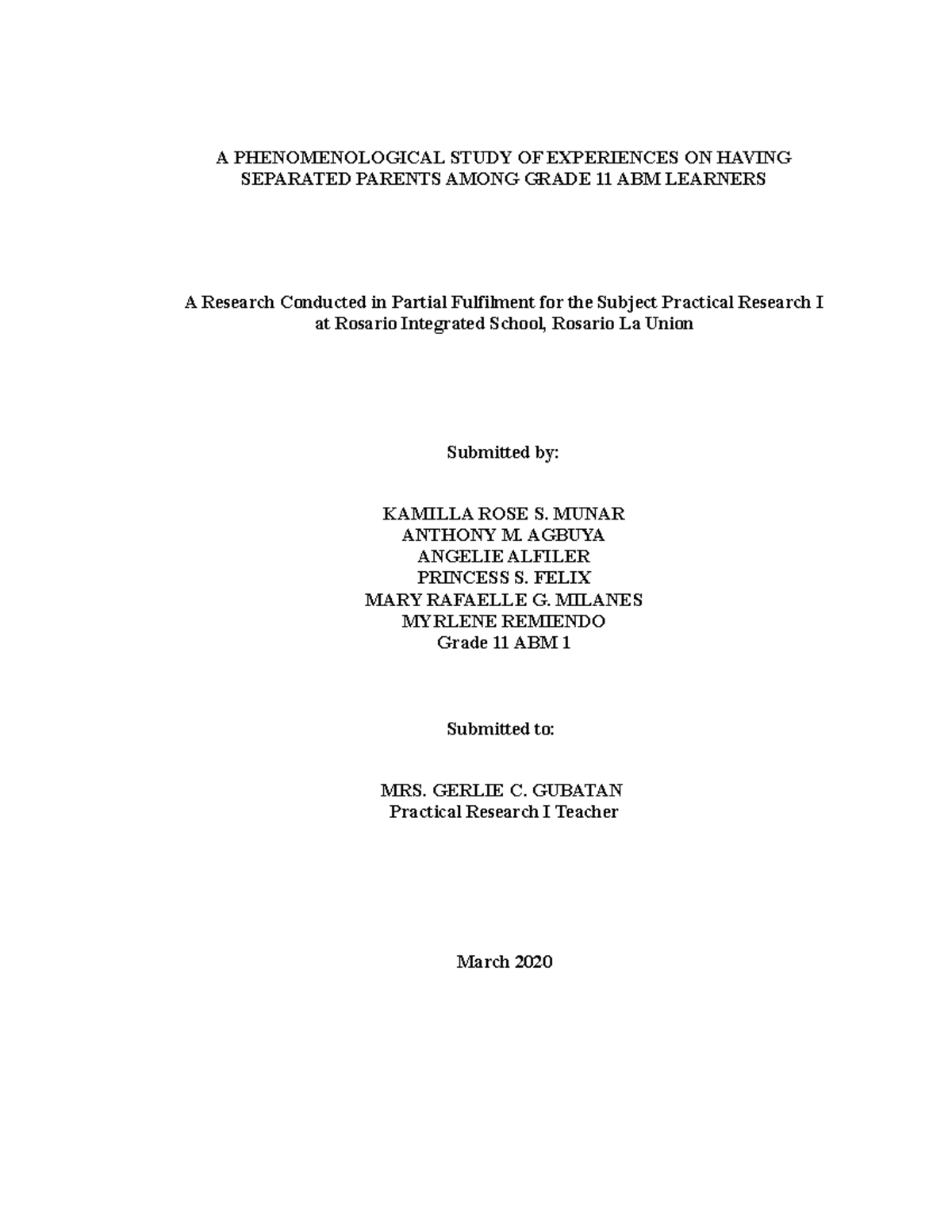 Format For Cover Page Example - A PHENOMENOLOGICAL STUDY OF EXPERIENCES ...