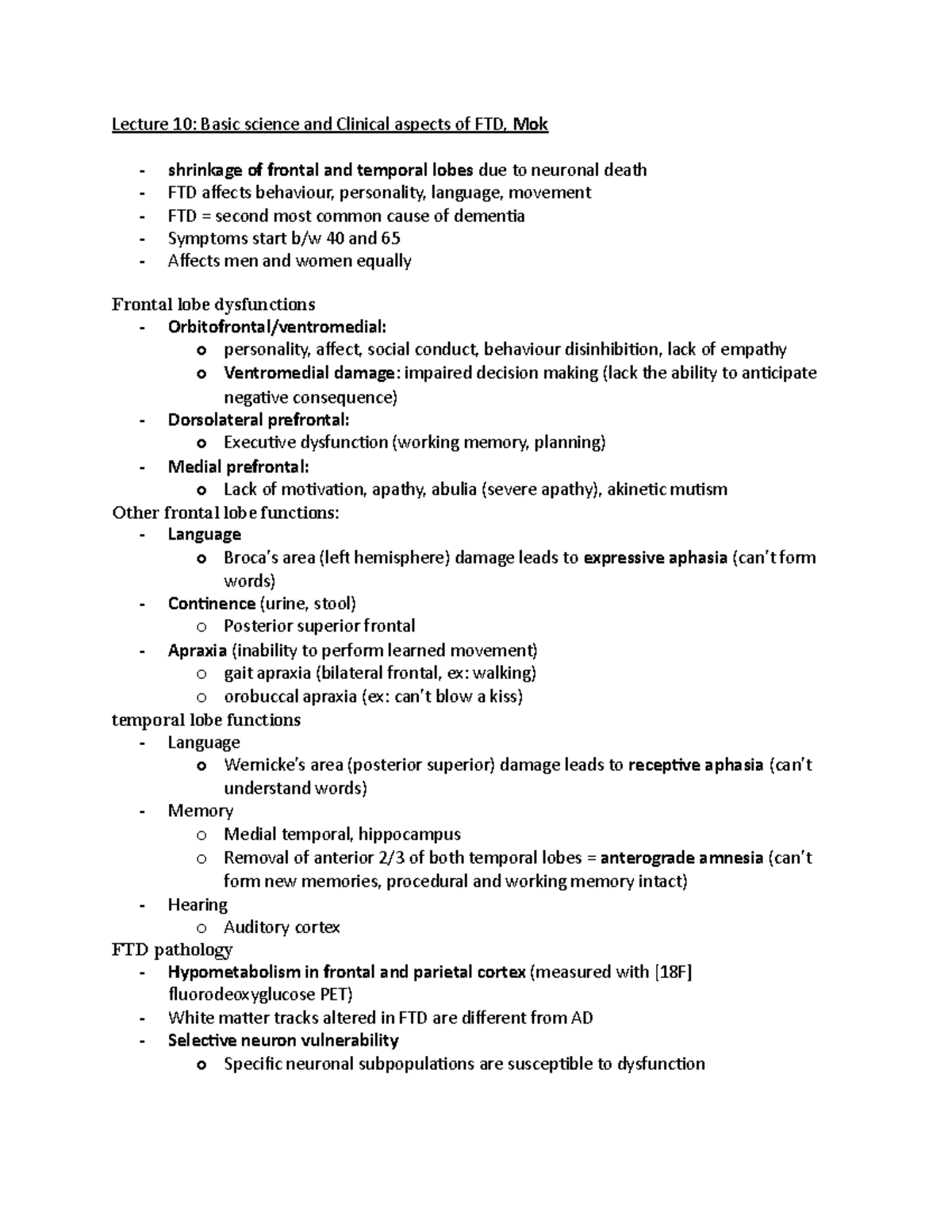 Lecture 10.Basic science and Clinical aspects of FTD - Studocu