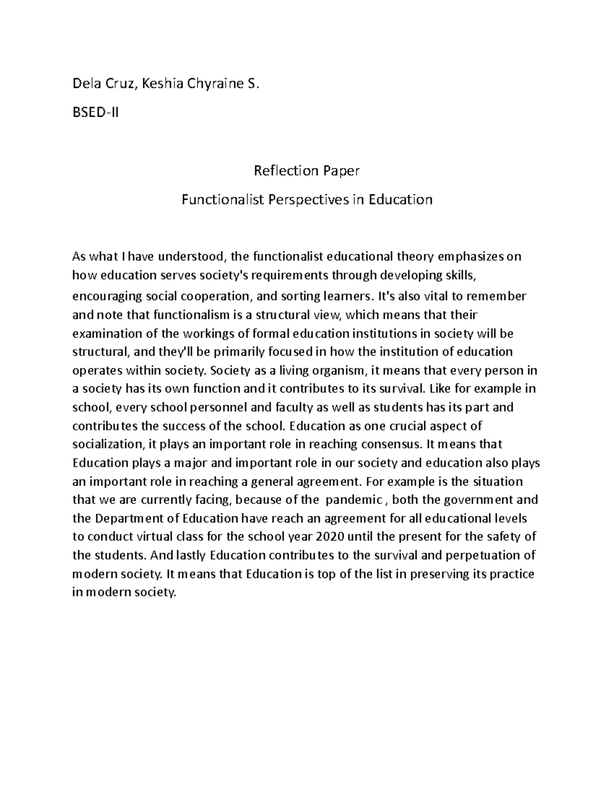 Functionalist reflection paper - Dela Cruz, Keshia Chyraine S. BSED-II ...