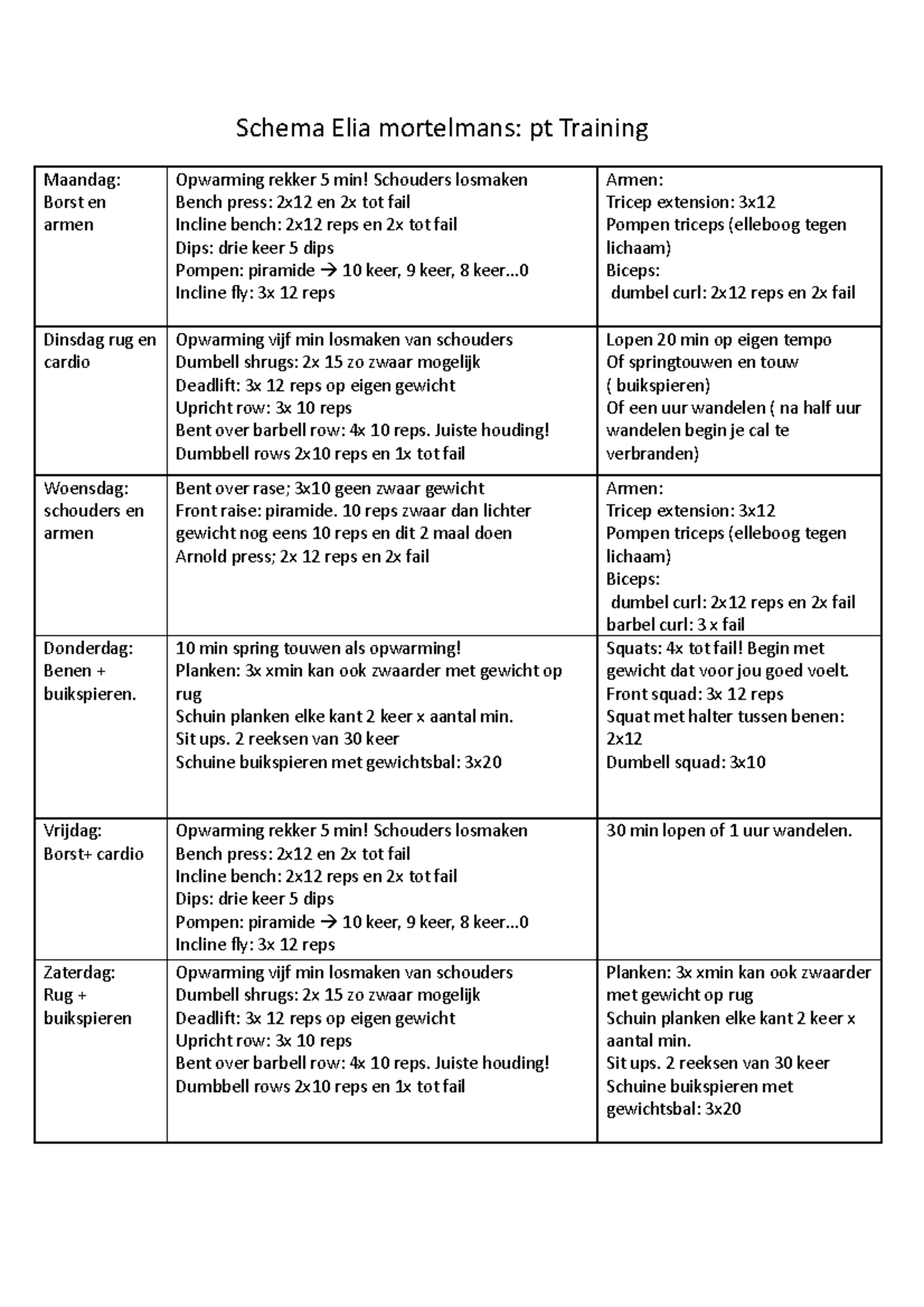 Schema ppt en onderzoek - Schema Elia mortelmans: pt Training Maandag ...