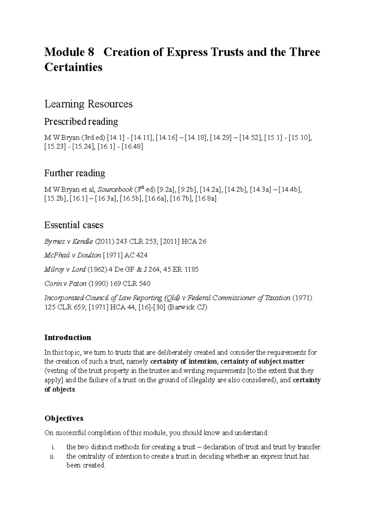 Equity and Trusts Module 8 Creation of Express Trusts and the Three Certainties - Module 8 ...