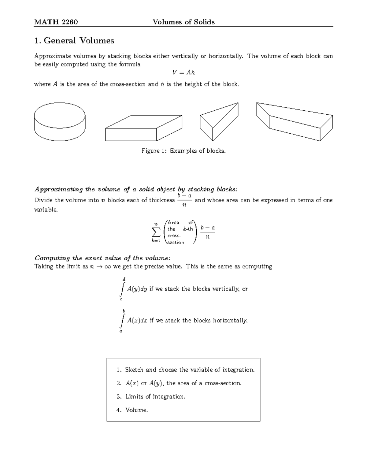 Math2260Volumes - Lecture notes 41-45 - 1. General Volumes Approximate ...