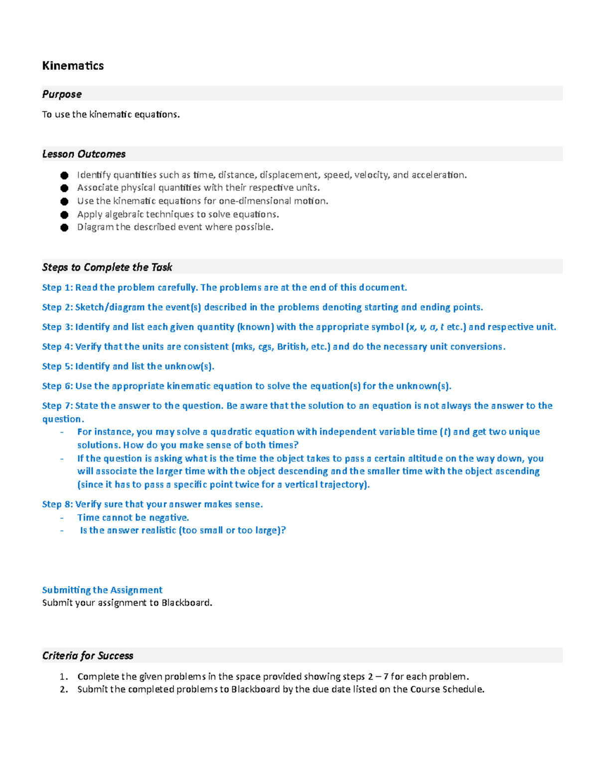 Worksheet 1 physics - Kinematics Purpose To use the kinematic equations ...