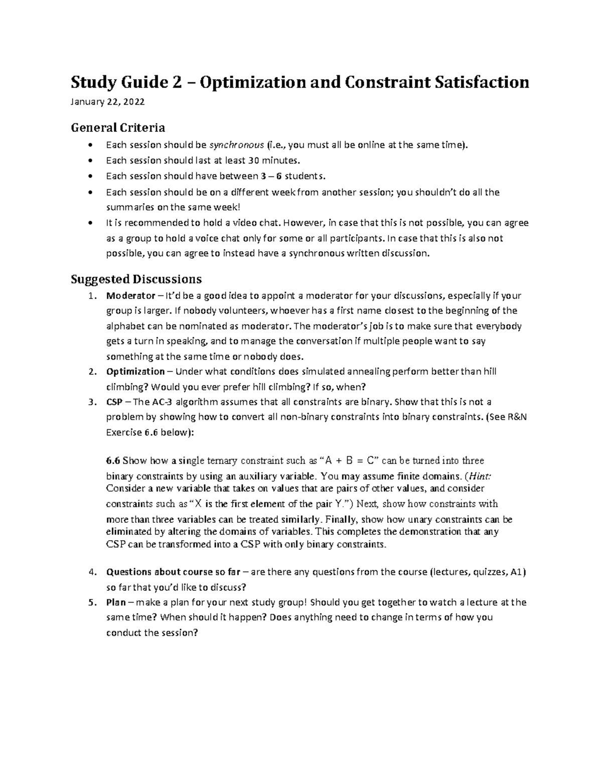 Study Guide number 2 - Optimization and CSP - Study Guide 2 ...